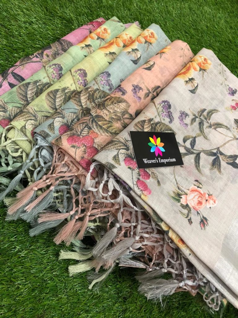 Linen fancy digital prints with silver border | siri designers