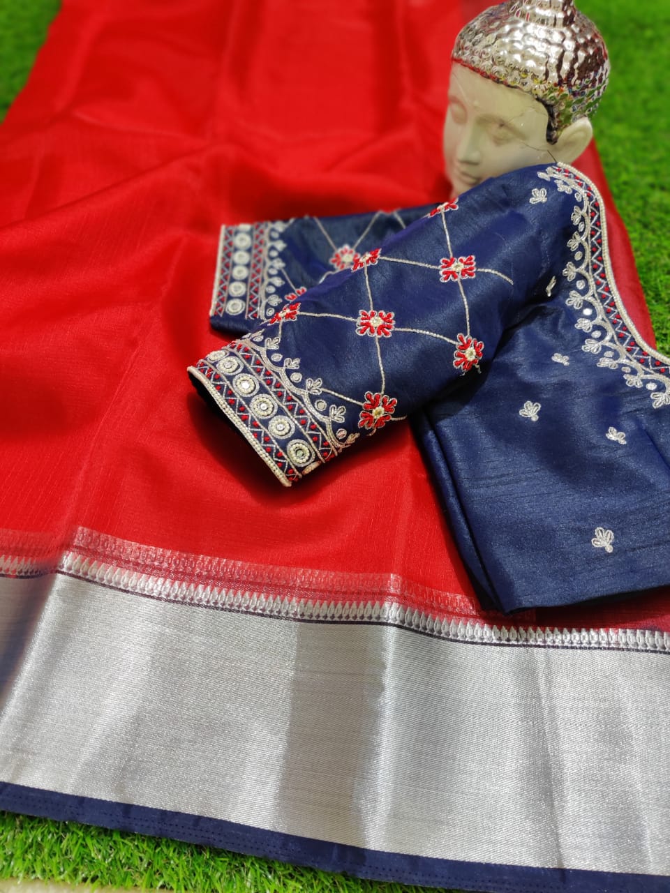 Organza sarees with silver border with blouse | siri designers