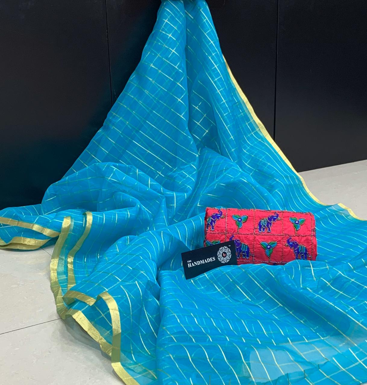 Weaving organza checks sarees with blouse | siri designers