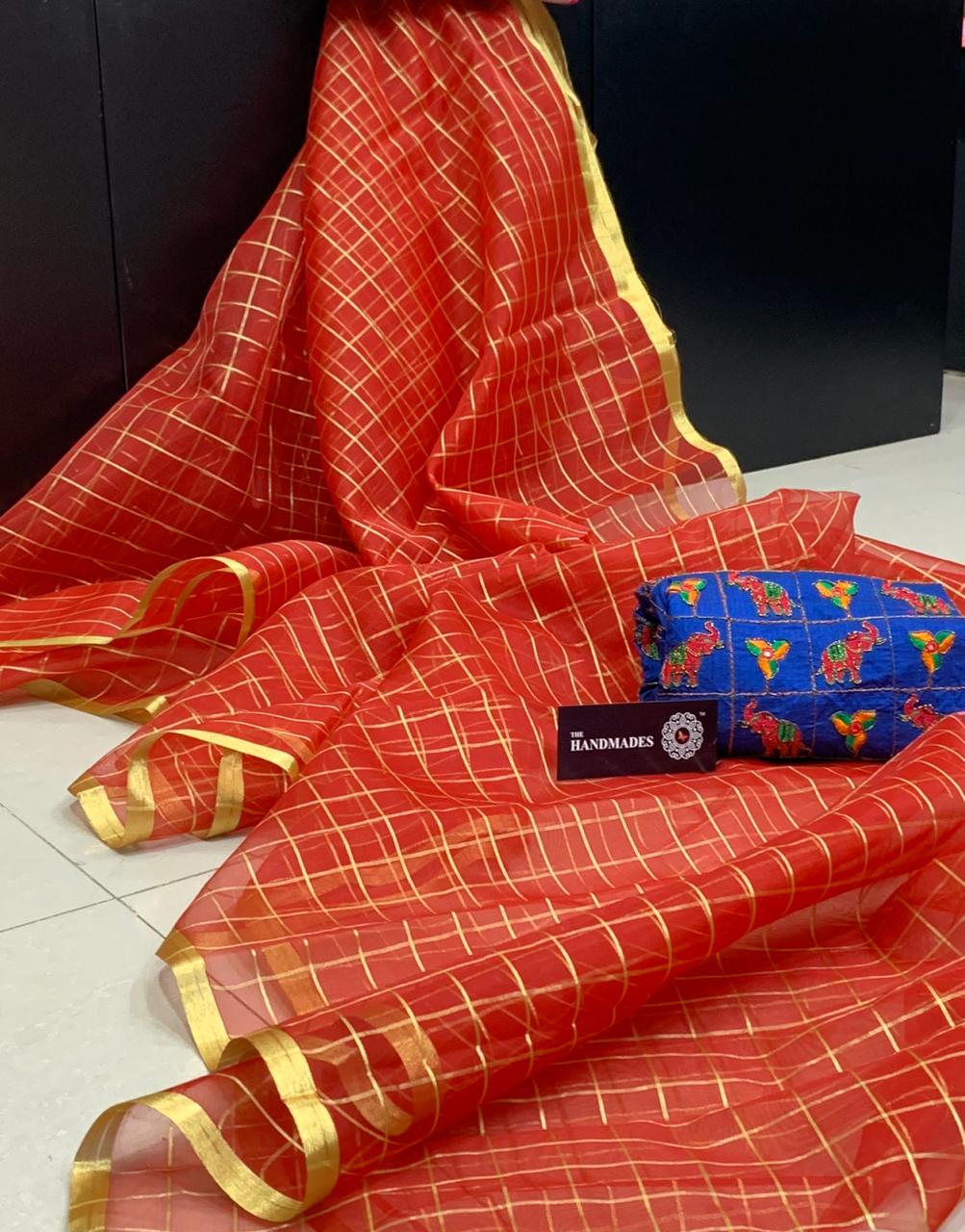 Weaving organza checks sarees with blouse | siri designers