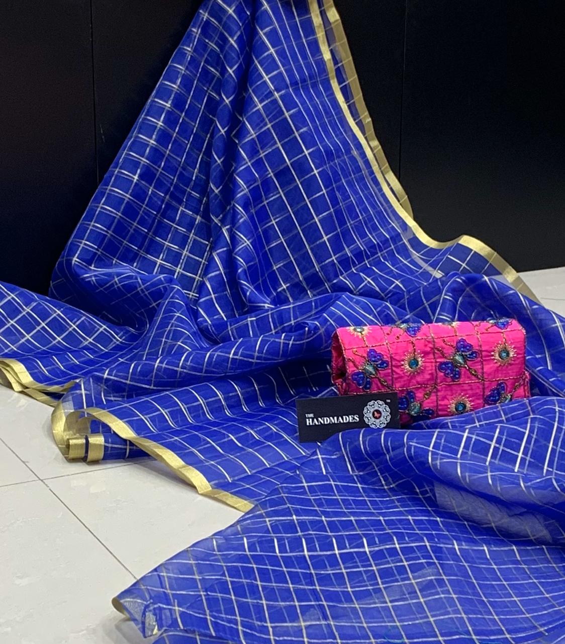 Weaving organza checks sarees with blouse | siri designers