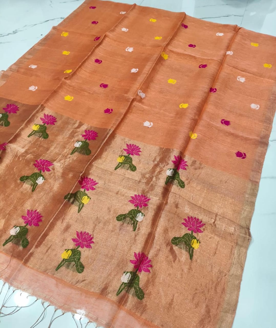 Pure Silk Linen Tissue Pallu With Paithani Jamdhani Work | siri designers