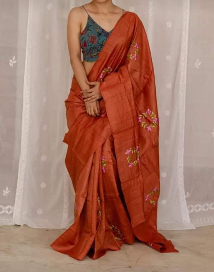 Pure Tussar Ghicha Embroidary Silk Sarees | siri designers